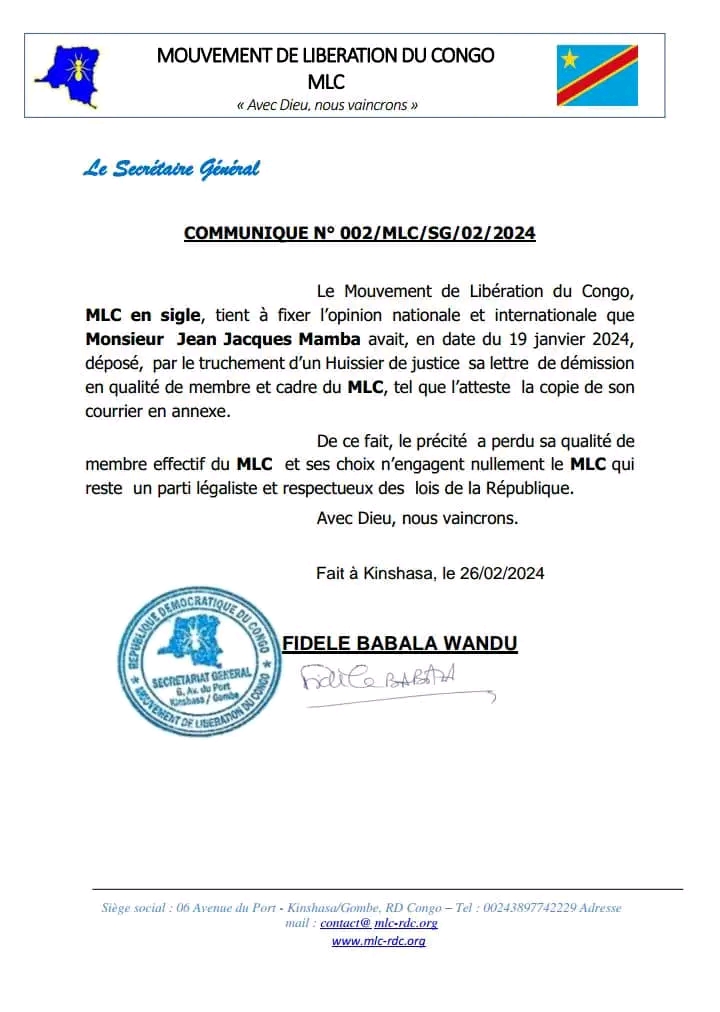 L’adhésion Jean Jacques Mamba à l’AFC: voici la réaction du MLC – times.cd